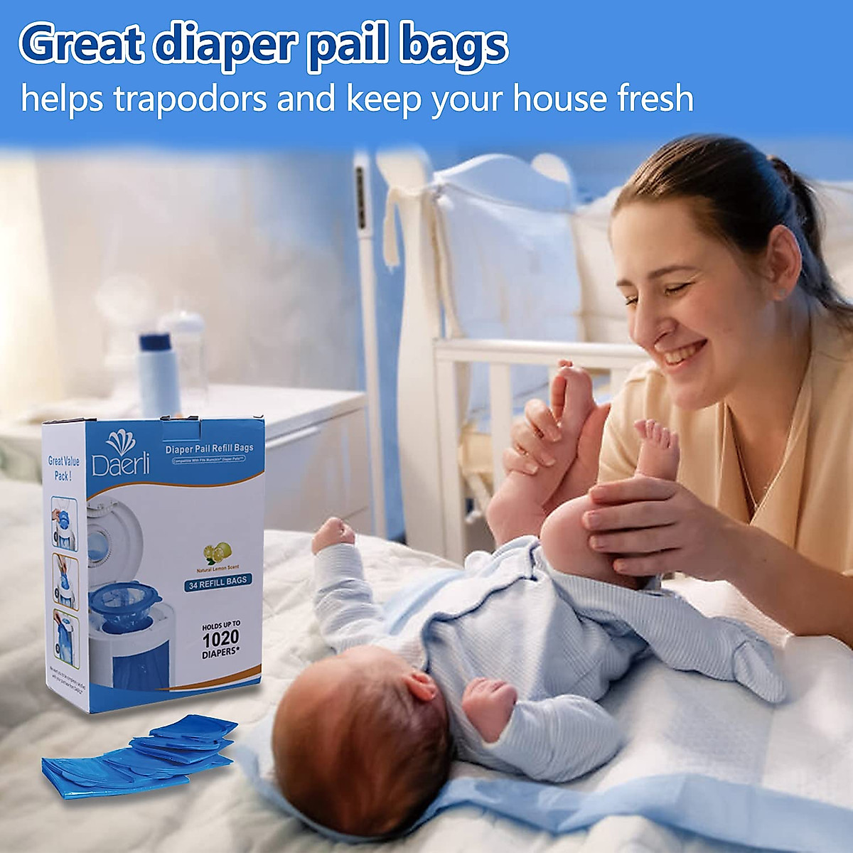 Baby Diaper Pail Refill Bags,100% Lock Odor (34 Bags) True Value Pack Fully Compatible with Arm&Hammer Disposal System,Seal and Toss Refill Bags