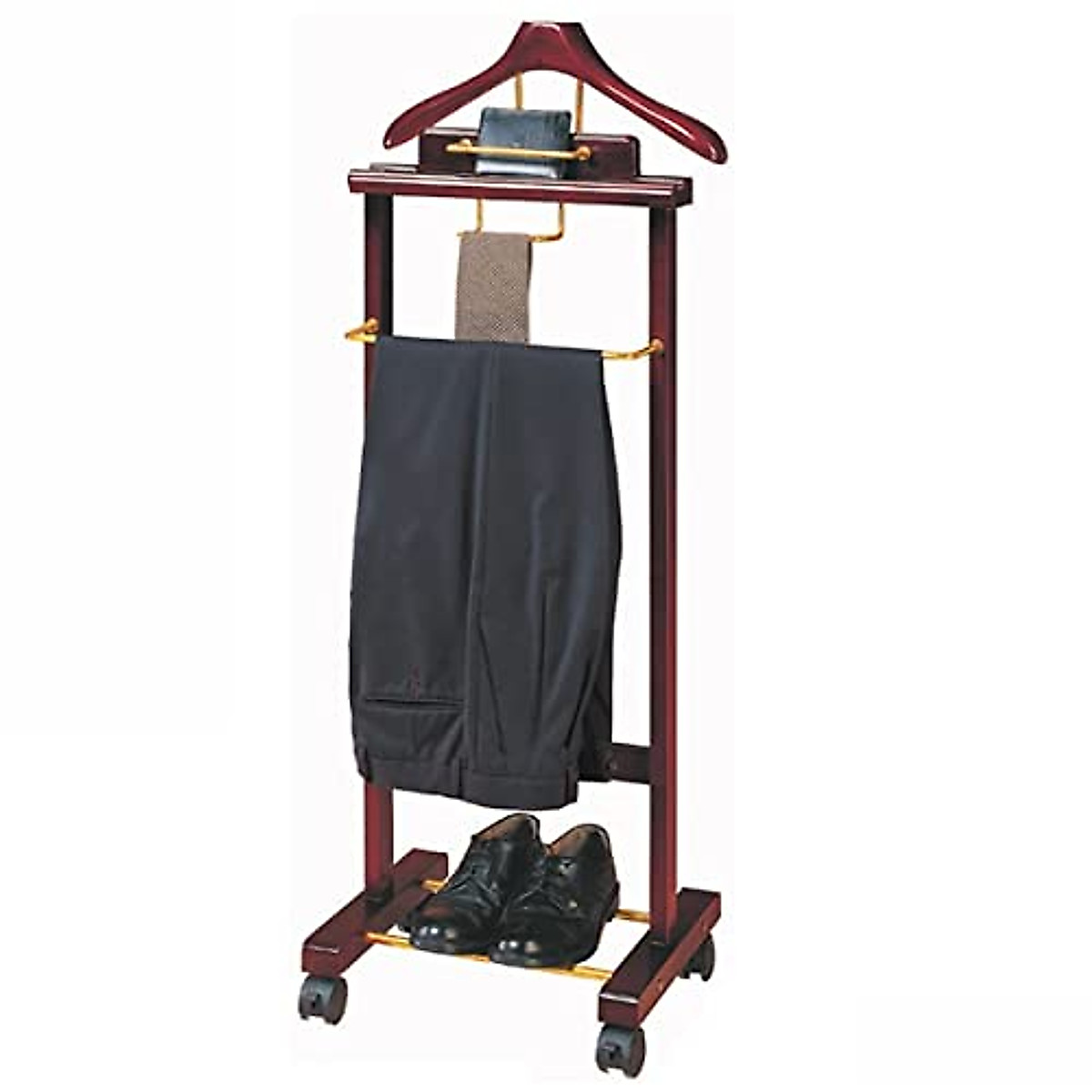 FOLREORP Suit Valet Stand Freestanding with Wheels with Top Tray Wardrobe Valet Contour Hanger Trouser Shoe Rack Tie & Belt Stand Organizer Easy to Assemble for Both Living Room and Bed Room…