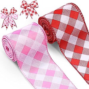 2 Rolls Valentine's Day Wired Ribbons 2.5 Inch Wide Valentine's Day Plaid Ribbons Rolls Red Pink White Diagonal Buffalo Plaid Ribbons for DIY Valentine's Day Decor Wrapping Crafts( 10 Yards)