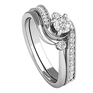 1 1/2 CT Round Shape Sparkling White Cubic Zirconia Bypass Wedding Engagement Anniversary Bridal Ring with Band in 14K White Gold Plated 925 Sterling Silver (1.50 Cttw) Ring Size -10
