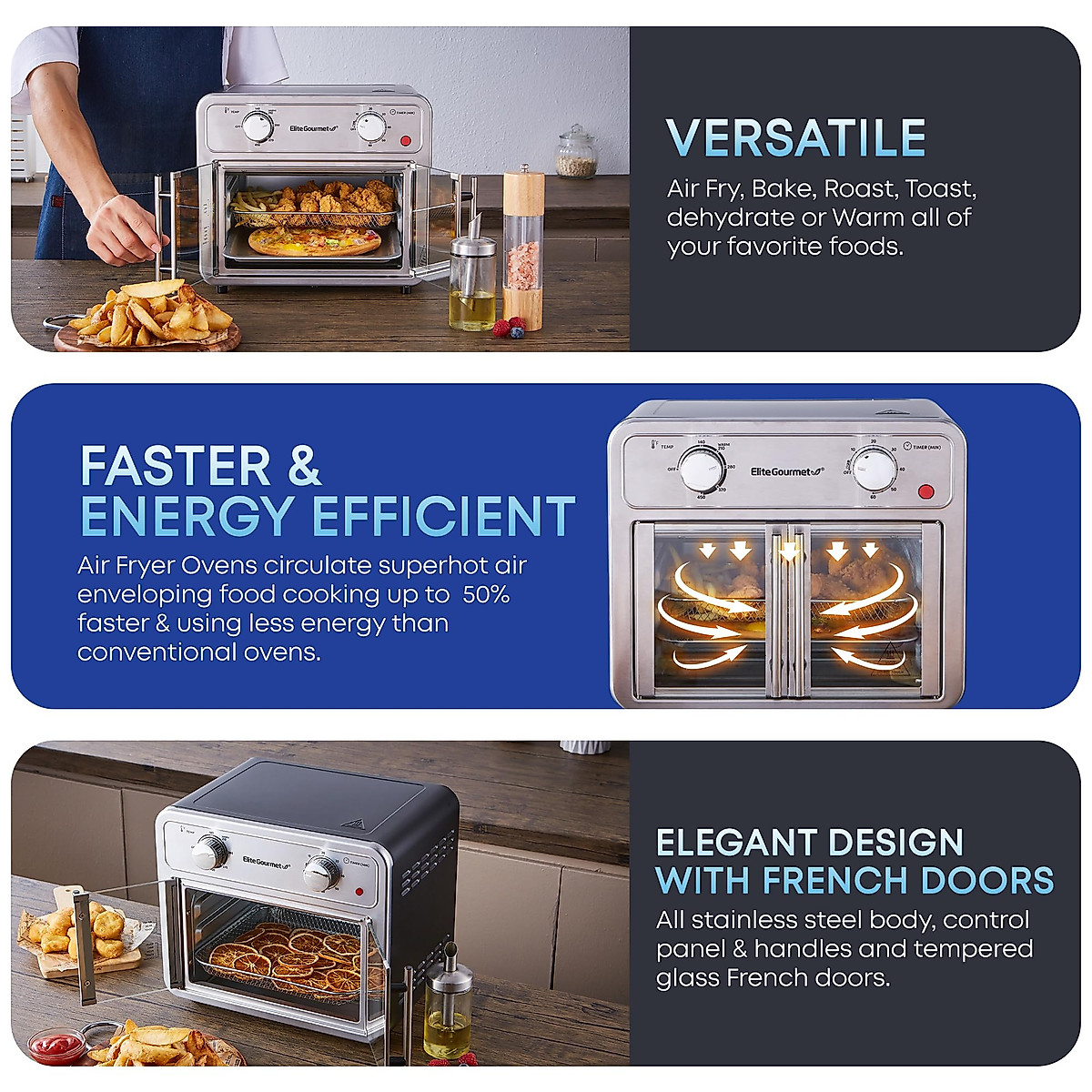 Elite Gourmet EAF1222SS Air Fryer Oven Double French Doors, Bake, Grill, Roast, Broil, Rotisserie, Toast, Warm, Air Fry, Dehydrate, 1500 Watts, with 25 Recipes, 12L. Capacity, Stainless Steel