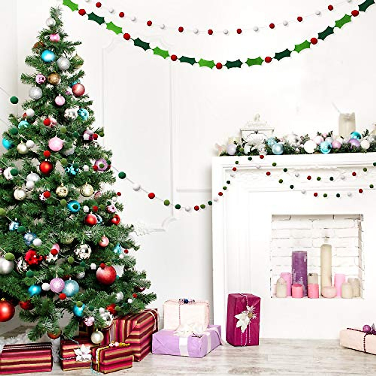Felt Ball Garland Felt Banner Holiday Holly and Berries Felt Banner Pom Pom Garland Decoration Holiday Decor (6 Pieces)