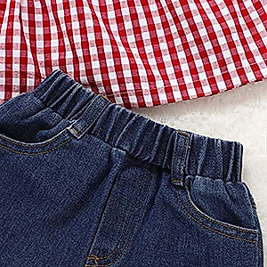 Baby Girls Summer Short Outfits Ruffle Floral Short Sleeve+Ripped Patchwork Denim Shorts Pants with Headband 3Pcs Set