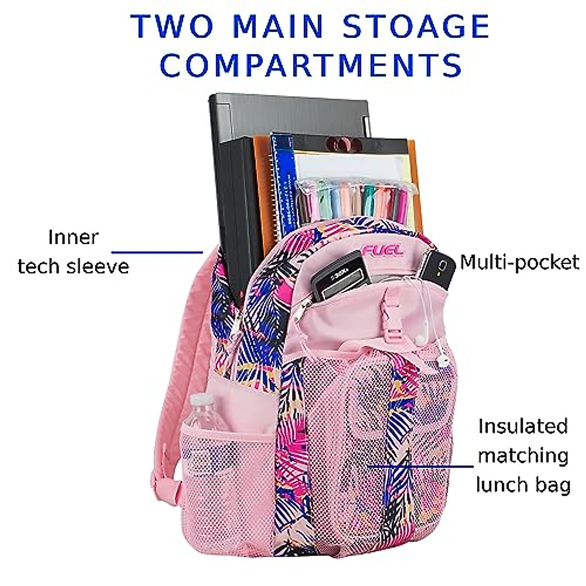 FUEL Backpack with Lunch Box Combo – 18.5” Two Compartment Water Resistant Durable Adjustable Straps with Side Water Bottle Pockets 2 in 1 Set – Tropical Palm Print