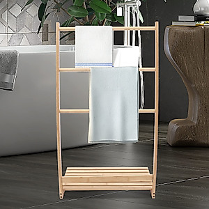 Free Standing Towel Rack, Bamboo Freestanding Towel Rack for Bathroom with Bottom Storage Shelf, Blanket Drying Display Rack for Bathroom, Living Room