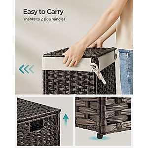 SONGMICS Storage Basket with Lid, 9.2 Gallon (35L) Storage Bin, Woven Blanket Storage Basket with Handles, Foldable, Removable Liner, Metal Frame, for Bedroom, Laundry Room, Brown URST040K01