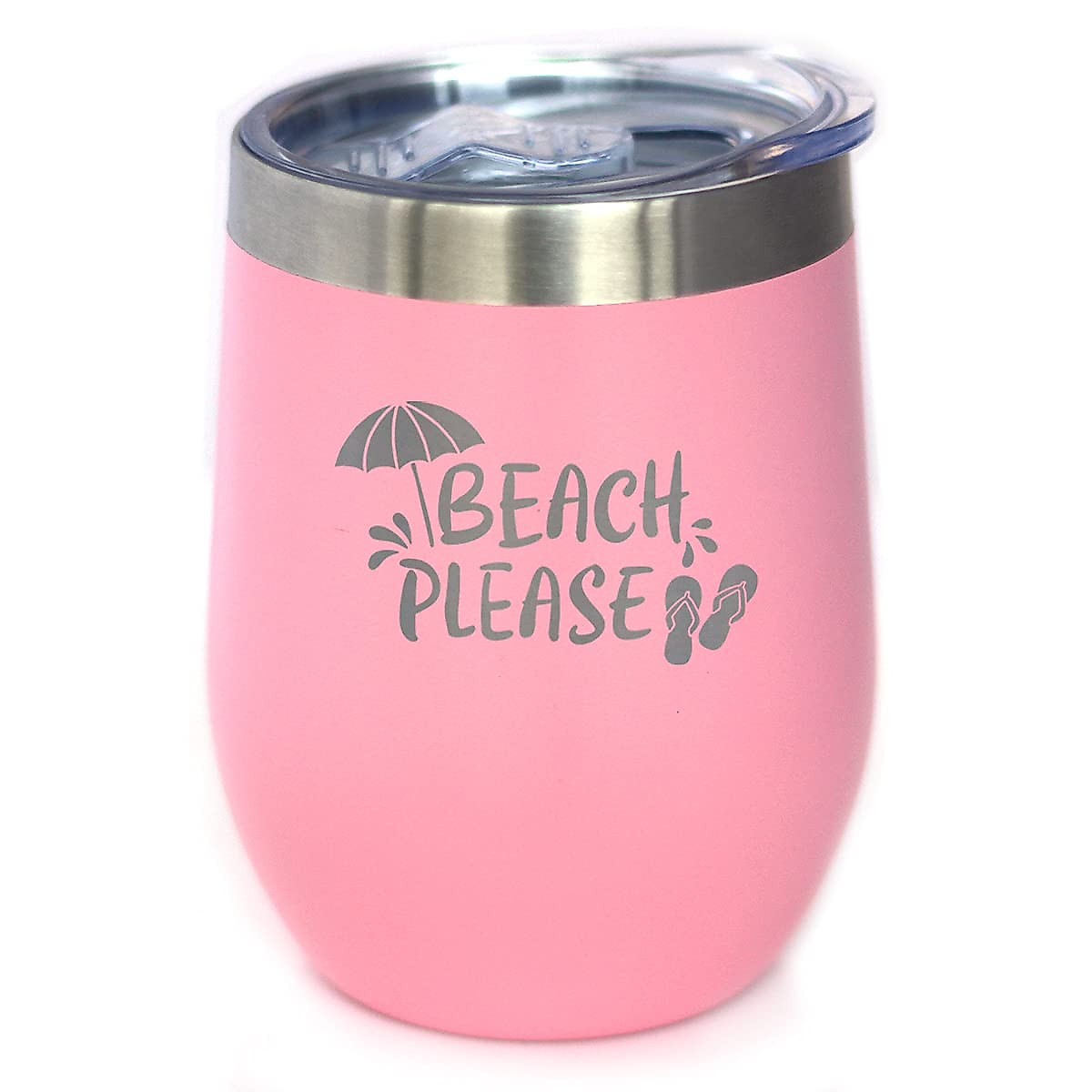 Beach Please - Travel Wine Tumbler with Sliding Lid - Stemless Stainless Steel Insulated Cup - Cute Funny Outdoor Camping Gift - Pink