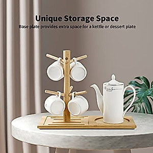 YOFRI Coffee Cup Holder Tree, Wooden Mug Storage Rack, Coffee Tea Kettle Display Stand, Movable Countertop Cup Stand with 6 Hooks, Coffee Mugs and Tea Cups Organizer for Bar & Kitchen Collection