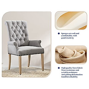 Restworld Fabric Arm Dining Chair,Tufted Upholstered High Back Nailed Trim with Untique Oak Wood Legs for Kitchen Restaurant Room Bedroom,Smoke Grey
