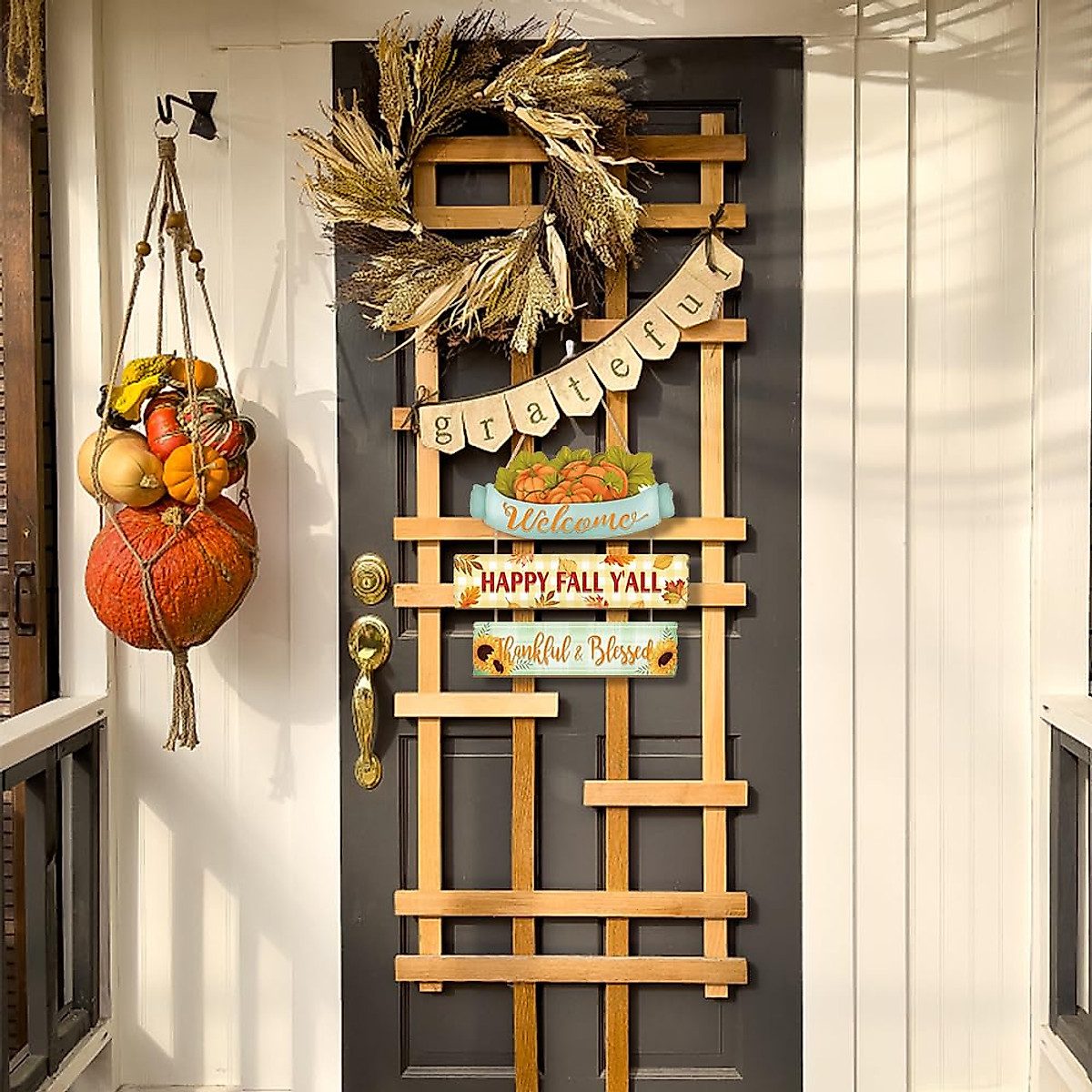 TOARTi Welcome Front Door Hanging Sign, Thankful & Blessed Pumpkin Fall Wood Plaque, Happy Fall Yall Wall Hanging for Home Wall Porch Farmhouse Harvest Thanksgiving Party Decor