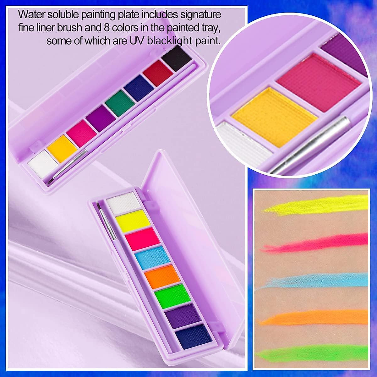 Mysense 16 Colors Water Activated Eyeliner Palette,Neon Face Paint,Fluorescent Bright Rainbow Colorful Body Paint Makeup,Matte and UV Blacklight Graphic Eyeliner,With Eyeliner Brush
