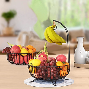 TAMAYKIM Large Fruit Bowl with Detachable Banana Tree Hanger + Medium Fruit Basket + Placemat, Fruit Bowls Vegetable Storage Fruit Stand Holder for Kitchen, Counter, Countertop