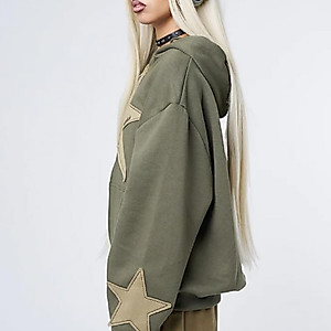 Karwuiio Women Y2k Zip Up Hoodies Star Graphic Long Sleeve Jackets Hip Hop Harajuku Oversized Hooded Sweatshirt(Gray Green,L)