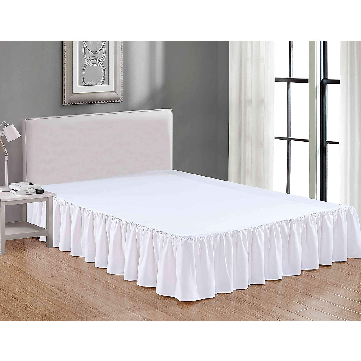 Sheets & Beyond Wrap Around Solid Microfiber Luxury Hotel Quality Fabric Bedroom Gathered Ruffled Bedding Bed Skirt 14 Inch Drop (Queen, White)