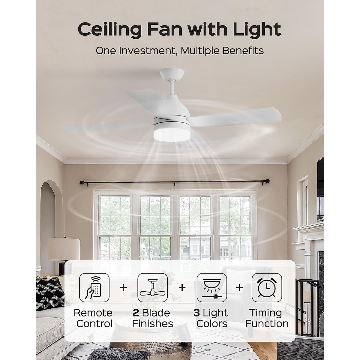 JACKYLED 52 Inch Ceiling Fan with Light Remote Control, 6 Fan Speeds & 3-Color Dimmable Light, Quiet Reversible DC Motor, LED Ceiling Fan Light for Bedroom, Living Room, White/Lightwood Blades