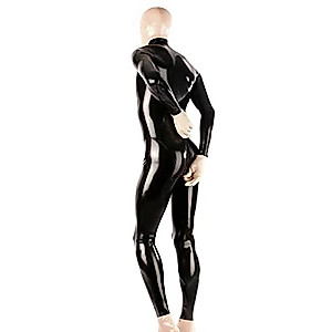 Sexy Black Latex Catsuit with Front Zip and Crotch Zip Rubber Jumpsuit Handmade Imitation Uniform Bodysuit W/o Hood,Black,Women-S