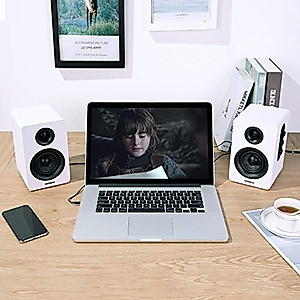 Sanyun SW208 3" Active Bluetooth 5.0 Bookshelf Speakers – 60W Carbon Fiber Speaker Unit - Built-in 24bit DAC - Dynamic 3D Surround Sound – 2.0 Computer PC Monitor Gaming Speakers (Pair, White)