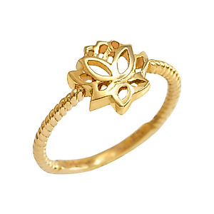 10k Yellow Gold Dainty Beaded Band Lotus Flower Ring (Size 9.75)