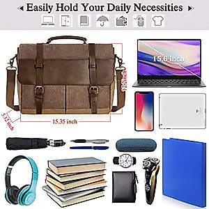 Messenger Bag for Men 15.6 Inch Waterproof Large Satchel Bag Vintage Genuine Leather Waxed Canvas Laptop Briefcase Rugged Leather Computer Shoulder Work Bag Brown