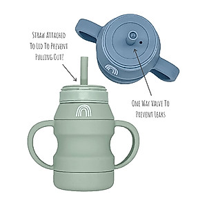 Hippypotamus Silicone Transition Cups - Squeeze-Proof Toddler Cups With Straw & Lid - Removable Handles - Set of 2 (Sage/Fog)