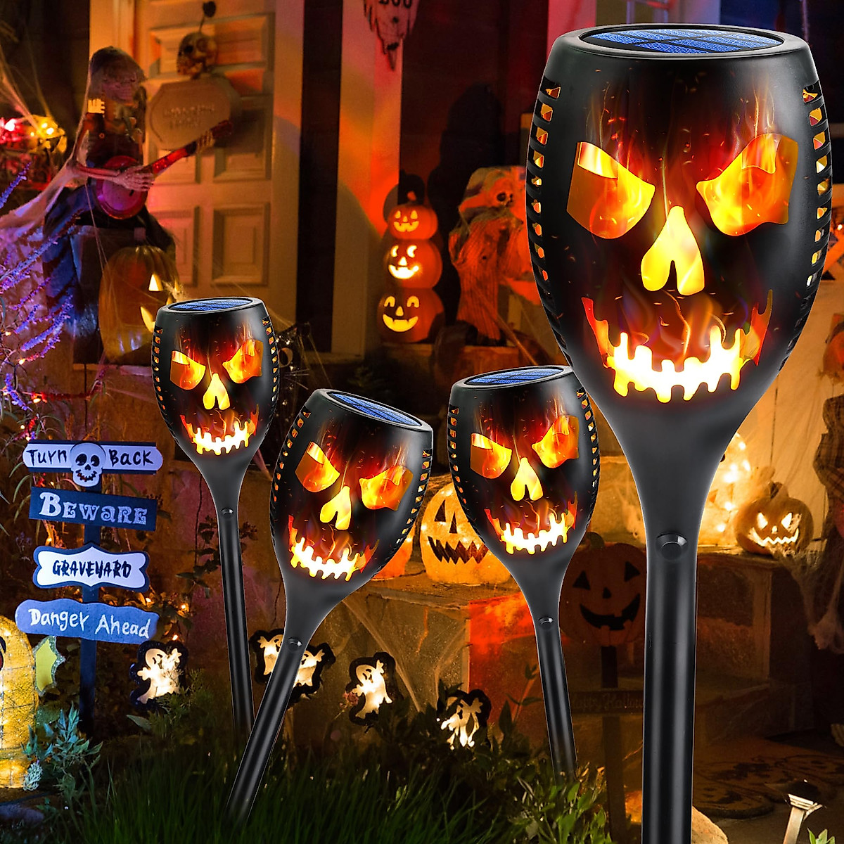 Toodour Solar Halloween Lights Outdoor, 4 Packs Super Larger Size Solar Torch Light with Flickering Flame, Waterproof LED Flame Lights for Outside Garden Yard Patio Pathway Halloween Decoratrions