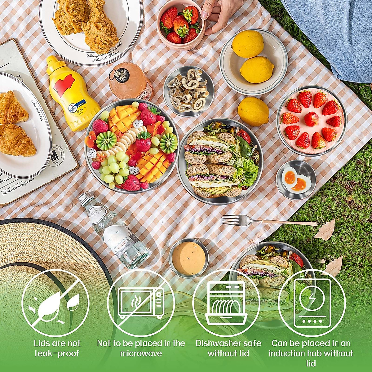 LELE LIFE 10 Pack 5 Sizes Stainless Steel Food Containers with Lids- 240/370/605/835/1200ml - Nesting Stainless Steel Food Storage Containers for Leftovers, Lunch Box, Snacks, Camping, Picnic (10PCS)