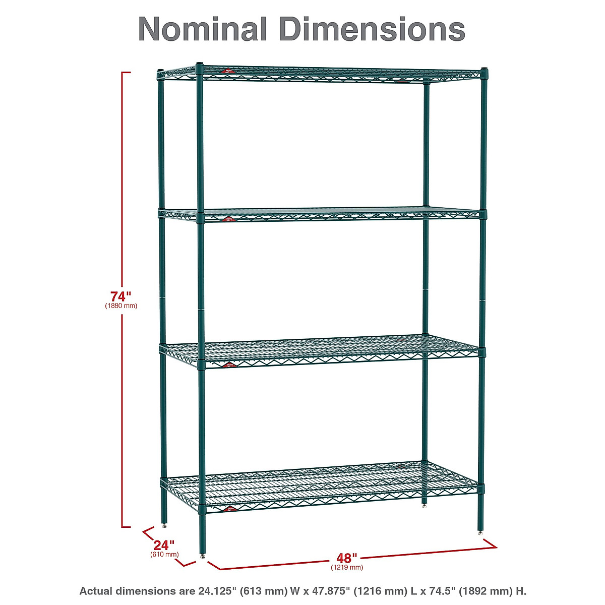 METRO Super Erecta Metroseal Green Epoxy Shelving Unit - Industrial Wire Shelving for Restaurants, Kitchens, Walk-in Coolers/Freezers with Microban - 4 Tier, 2000 lbs Capacity, 24” W x 48” L x 74” H