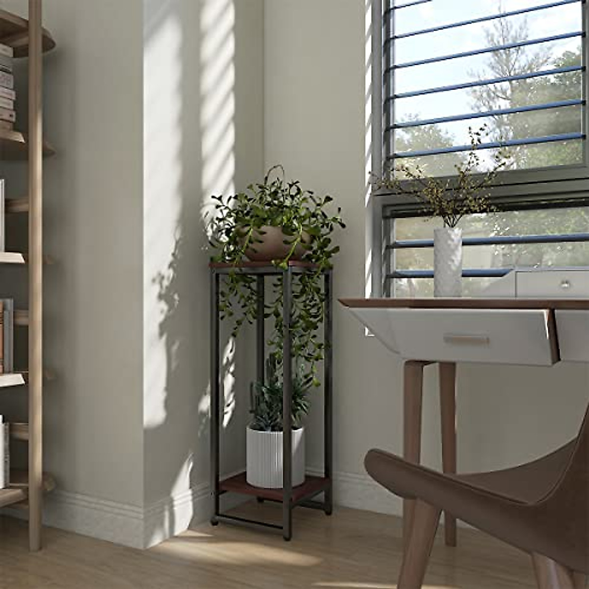 Jo.Devivre 30 inch tall plant stands Indoor ,Tall Metal Single Plant Holder, 2 tier Pedestal Stands, Modern Corner Square Flower Tall Plant Tables Indoor Outdoor (Style D-2 tier)