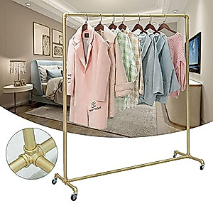 DYRABREST Industrial Pipe Clothing Rack 47 x 63 Inch Gold Vintage Garment Racks with Wheels, Heavy Duty Metal Clothes Display Rack Rolling Rack for Hanging Clothes Retail Display