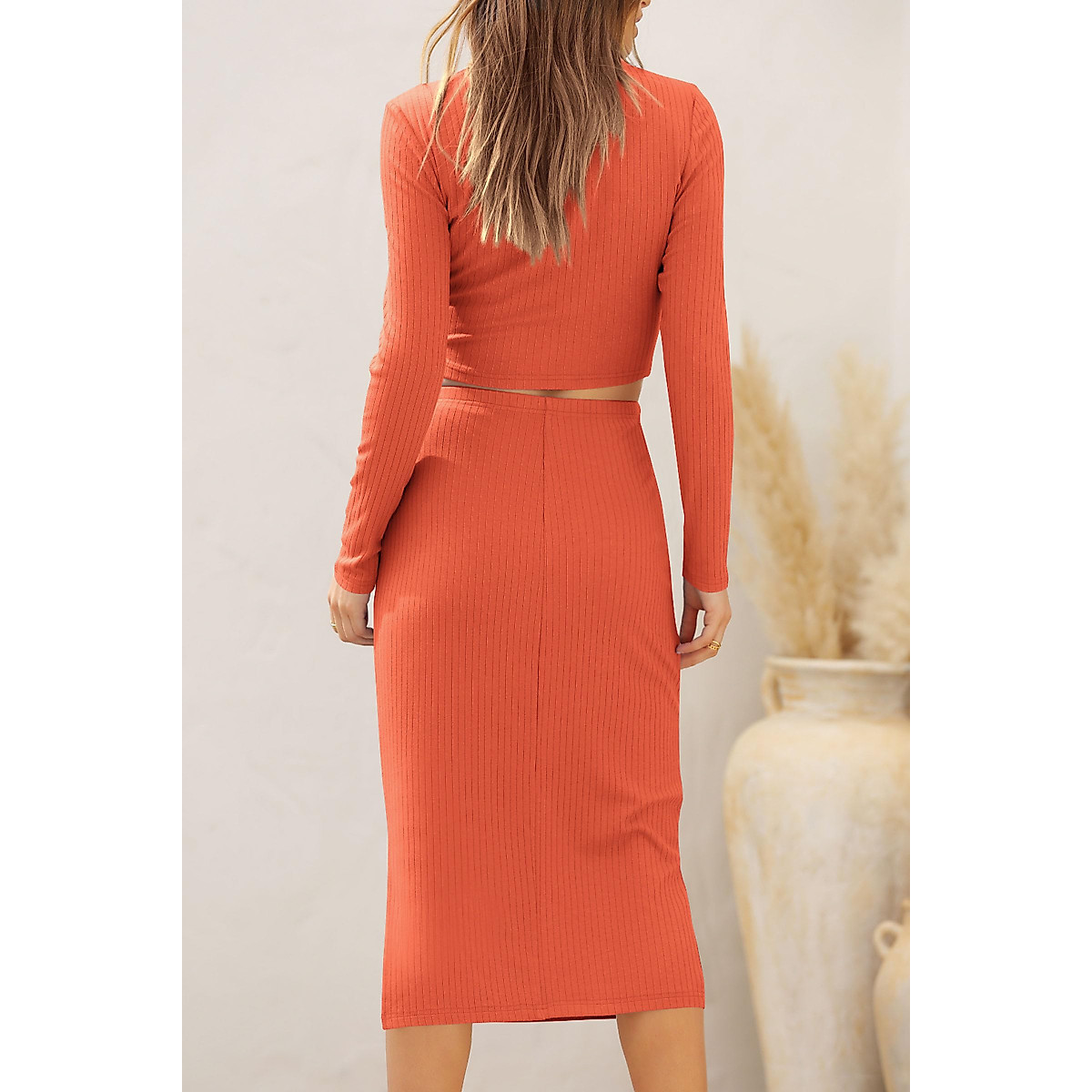 PRETTYGARDEN Womens 2024 Fall 2 Piece Outfits Track Suits Long Sleeve Crop Tops Bodycon Midi Skirt Slit Dress Matching Sets (Orange,Large)