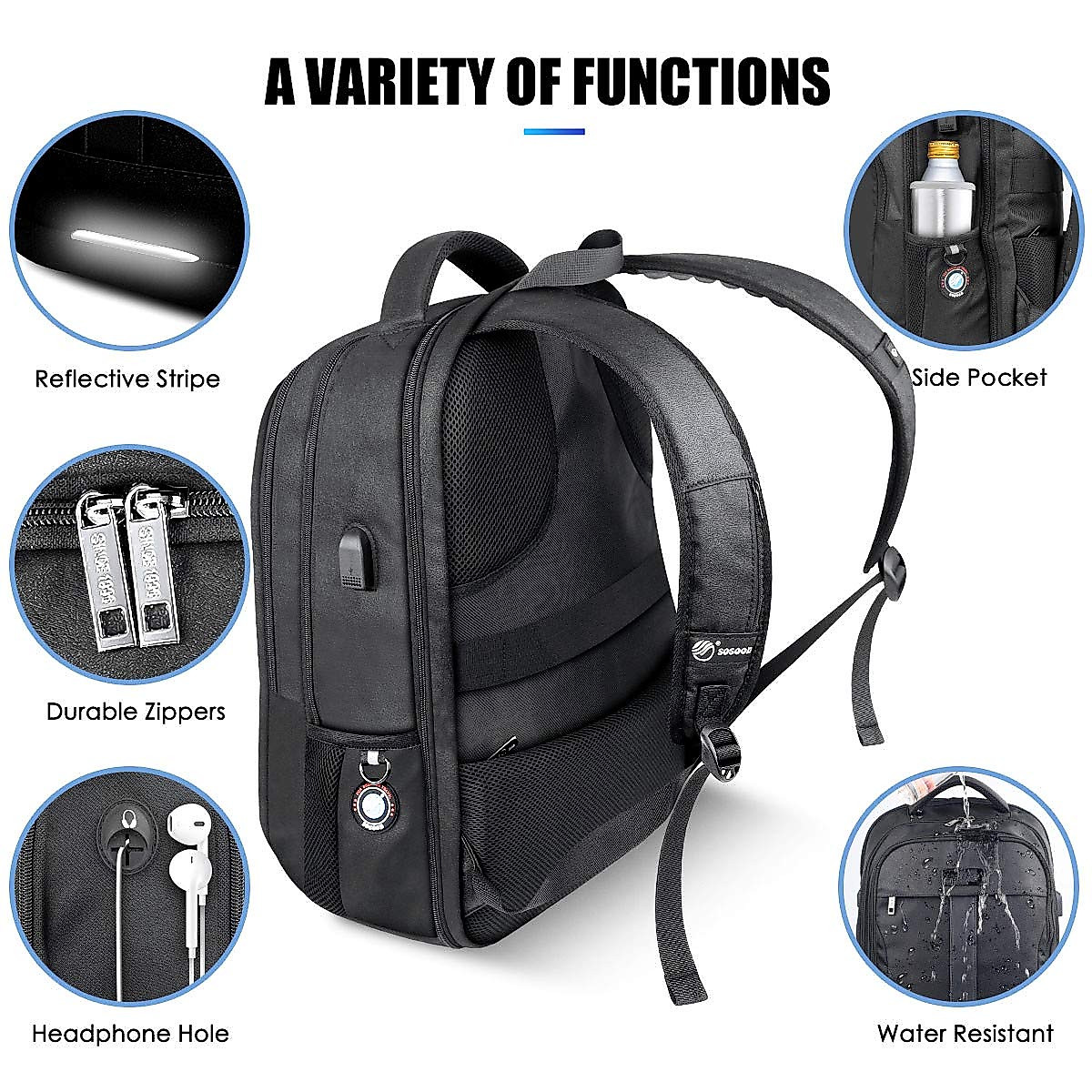 Laptop Backpack, 15.6-17 Inch Sosoon Travel Backpack for Laptop and Notebook, High School College Bookbag for Women Men Boys, Anti-Theft Water Resistant Bussiness Bag with USB Charging Port, Black