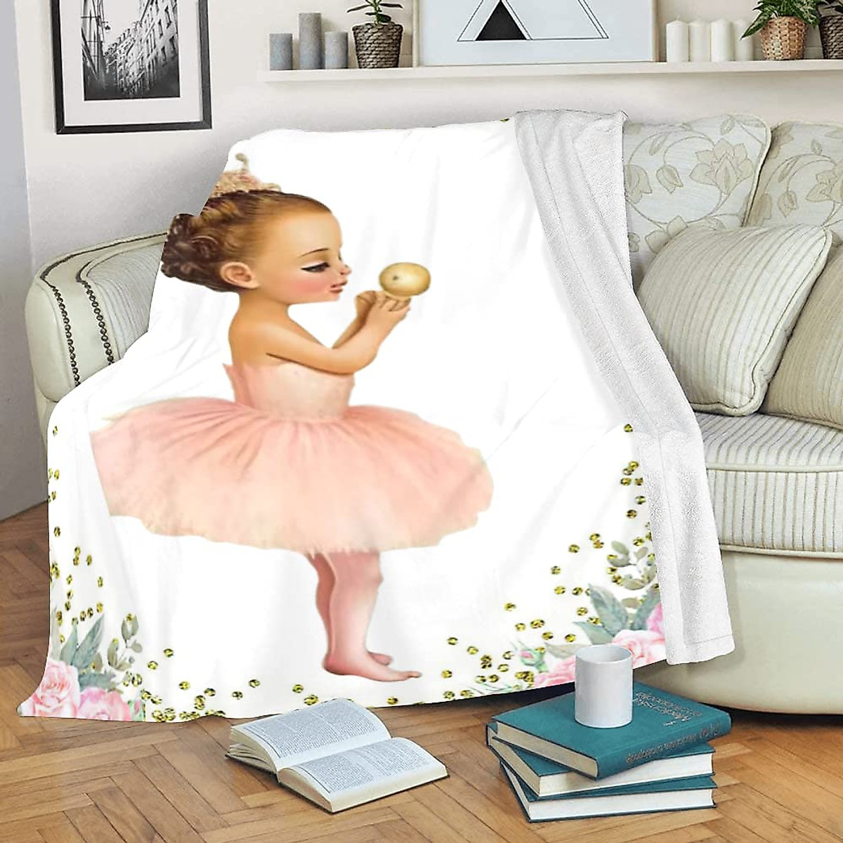 XOZOTY Personalized Cute Golden Hat Girl Pink Flowers Baby Blanket with Name Custom Baby Nursery Throw Fleece Blankets for Boys and Girls Birthday Tapestry 30 X 40inch