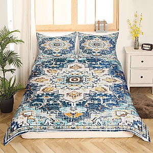 Erosebridal Boho Bedding Set Queen, Teal Blue Mandala Duvet Cover for Men Women, Retro Yellow Floral Exotic Bohemian Tribal Comforter Cover, Vintage Antique Damask Quilt Cover