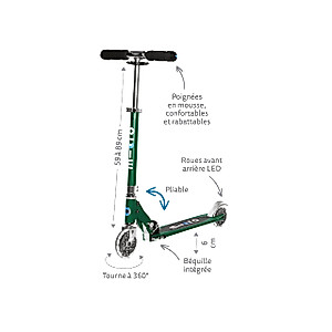 Micro Kickboard- Sprite LED - 2 Wheeled Kick Scooter Ages 6+, fold-to-Carry, Lightweight, Portable Scooter with Motion-Activated Light-up Wheels (Purple Stripe)