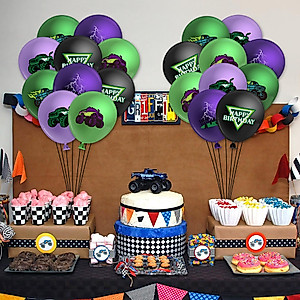 Haooryx 50Pcs Green And Purple Monster Truck Balloon Kit Monster Truck Lightning Print Latex Balloons for Boys Girls Baby Shower Decor Birthday Monster Truck Theme Party Decoration Photo Prop
