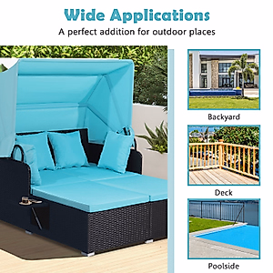 Salches Outdoor Daybed, Patio Daybed with Retractable Canopy, High-Resilient Soft Cushions, Foldable Side Trays, Outdoor Bed Loveseat for Garden, Backyard, Porch (Turquoise)