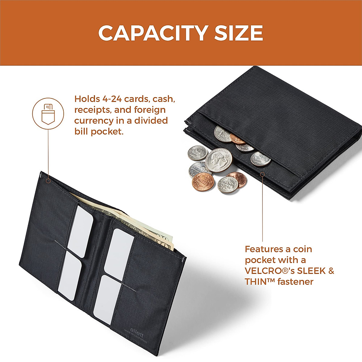 Allett Coin Wallet 2.0, Jet Black | Nylon, RFID Blocking, Velcro Pocket, Slim, Minimalist, Bifold, Water Resistant, Thin, Front Pocket | Holds 4-24+ Cards, Flat Bills & Receipts | Made in the USA