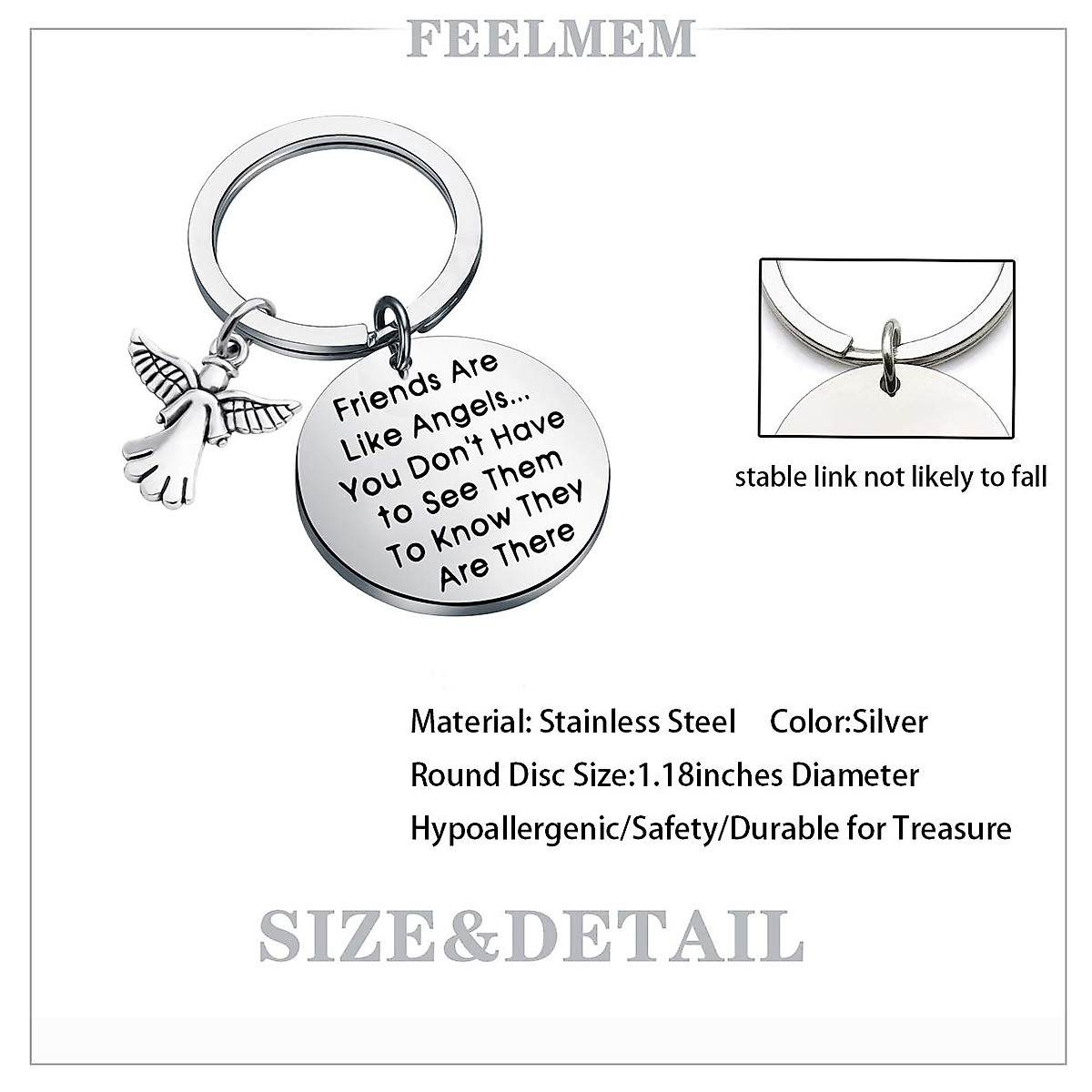 FEELMEM Friendship Keychain Friends are Like Angels You Don't Have to See Them to Know They are There Friend Jewelry Gift for BFF Sister (Silver)