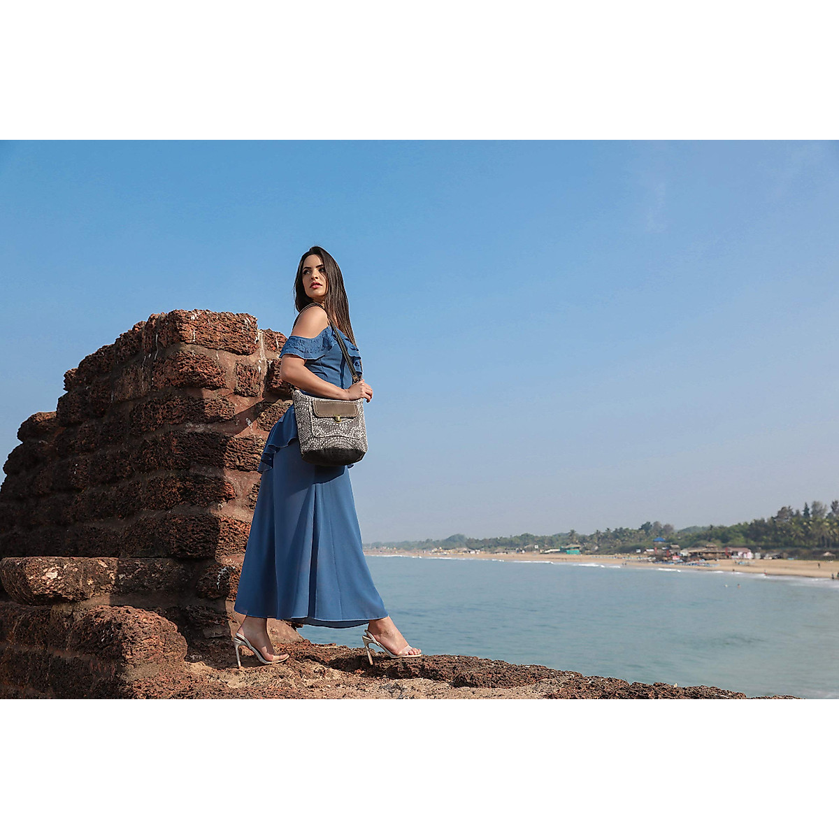 Myra Bag Indigo Upcycled Canvas & Leather Shoulder Bag S-1451