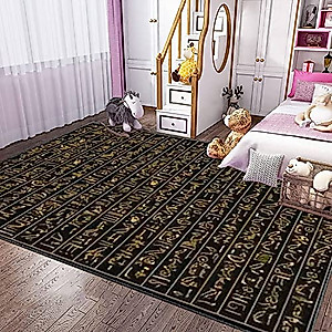 Modern 3D Home Area Rugs Ancient Golden Egyptian Hieroglyphs Alphabet Over Black Ancient Carpets Non-Slip Extra Size Yoga Mat Runner Rug for Living Room Bedroom Girls Playroom Home Decor