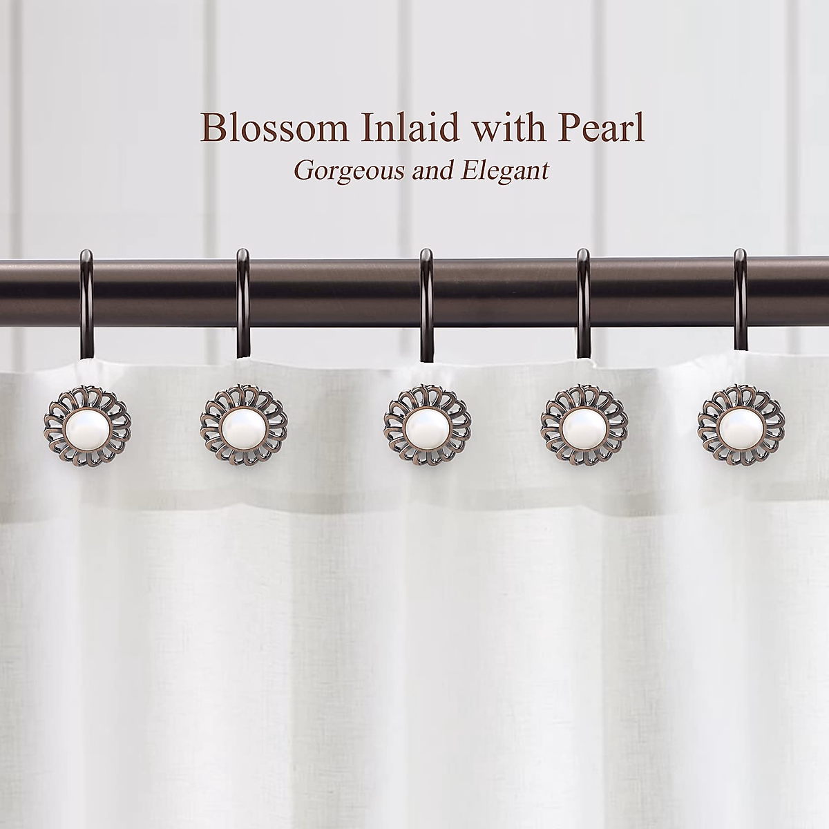 Oil Rubbed Bronze Shower Curtain Hooks, Decorative Sunflower Shower Curtain Rings for Bathroom Shower Curtain Rods and Liner,Metal Shower Hooks, Floral Pearl Shower Rings for Curtain Set of 12