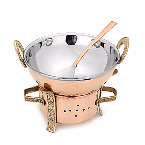 Zap Impex Indian 3 Pieces Serving Set Copper Karahi, Angithi and Serving Spoon Stainless steel set for 1 Person