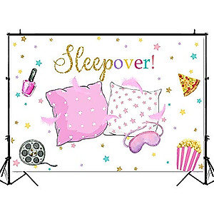 Mocsicka Sleepover Party Backdrop Sleepover Pajamas Pillow Fight Pink Girl Party Decorations Slumber Party Banner Photography Background Cake Table Studio Props (5x3ft)