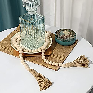 Wooden Beads Garland Farmhouse Decor: 58in Boho Rustic Wood Prayer Beaded with Tassel Natural Modern Large Decorative Home Neutral Bead