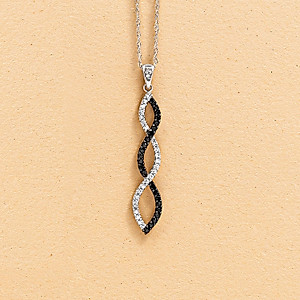 Jewelili 10k White Gold Twist Pendant Necklace with Round Black and White Diamonds, 1/4 cttw, 18" Rope Chain
