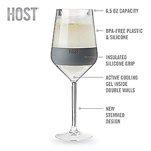 Host Wine Freeze Double-Walled Stemmed Wine Glasses Freezer Cooling Cups with Active Cooling Gel and Insulated Silicone Grip, 6.5 Oz Plastic Tumblers, Gray, Set of 2