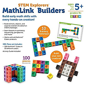 Learning Resources STEM Explorers MathLink Builders - 100 Pieces, Ages 5+, Kindergarten STEM Activities, Math Activity Set and Games for Kids, Linking Cubes, Connecting Cubes,Back to School Supplies