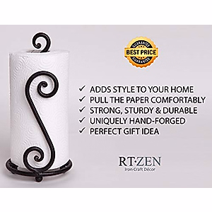 Fancy Paper Towel Holder Stand | Black Stylish Wrought Iron | Classic Decorative Countertop Authentic Rod Metal Hand Forged Stand Up Holder | Handmade Crafted by RTZEN-Décor