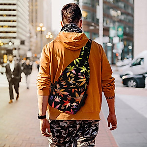 Lightweight Chest Shoulder Backpack For Travel Hiking Sling Bag Cross Body Personal Pocket Bag Compatible with Trippy Colorful Cannabis Marijuana Weed Leaf Skull Crossbones Black