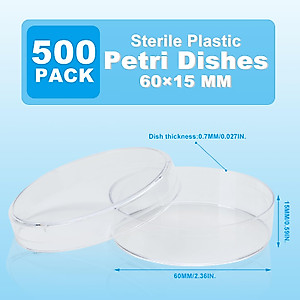 CryoKing 500 Pack Petri Dish, 60×15mm Sterile Thick Petri Dishes with Lid, Clear Stackable Thick Plastic Culture Dishes for Lab Experiment, School Science Project, Myclogy, Biology